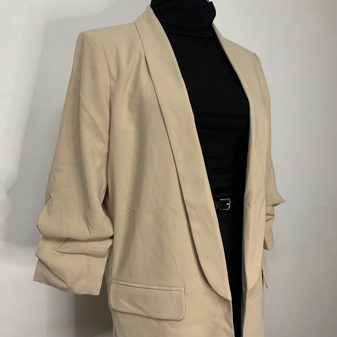 Stradivarius Beige Nude Neutral Ruched 3 4 Sleeves Formal Casual Blazer