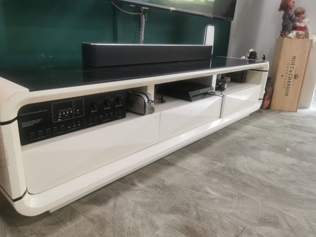 White Solid TV console with black glass Top, Furniture & Home Living ...