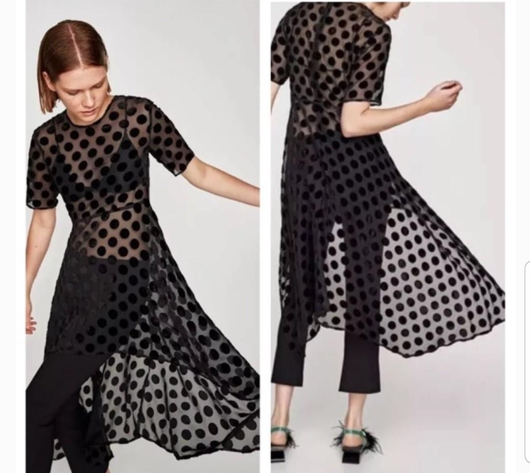 Zara Sheer Black Polka Dot Shirt Dress, Women's Fashion, Dresses & Sets ...