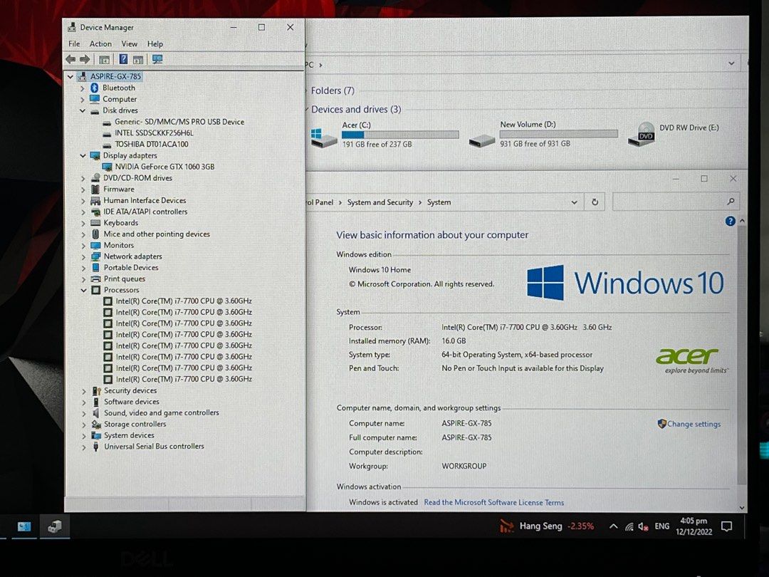 ACER Aspire Gaming Desktop Computer PC CPU Processor intel i7 Storage M ...