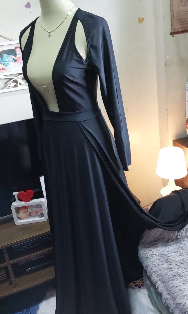 Black Plunge Extreme Split Leg Maxi Dress, Women's Fashion, Dresses & Sets, Evening dresses ...