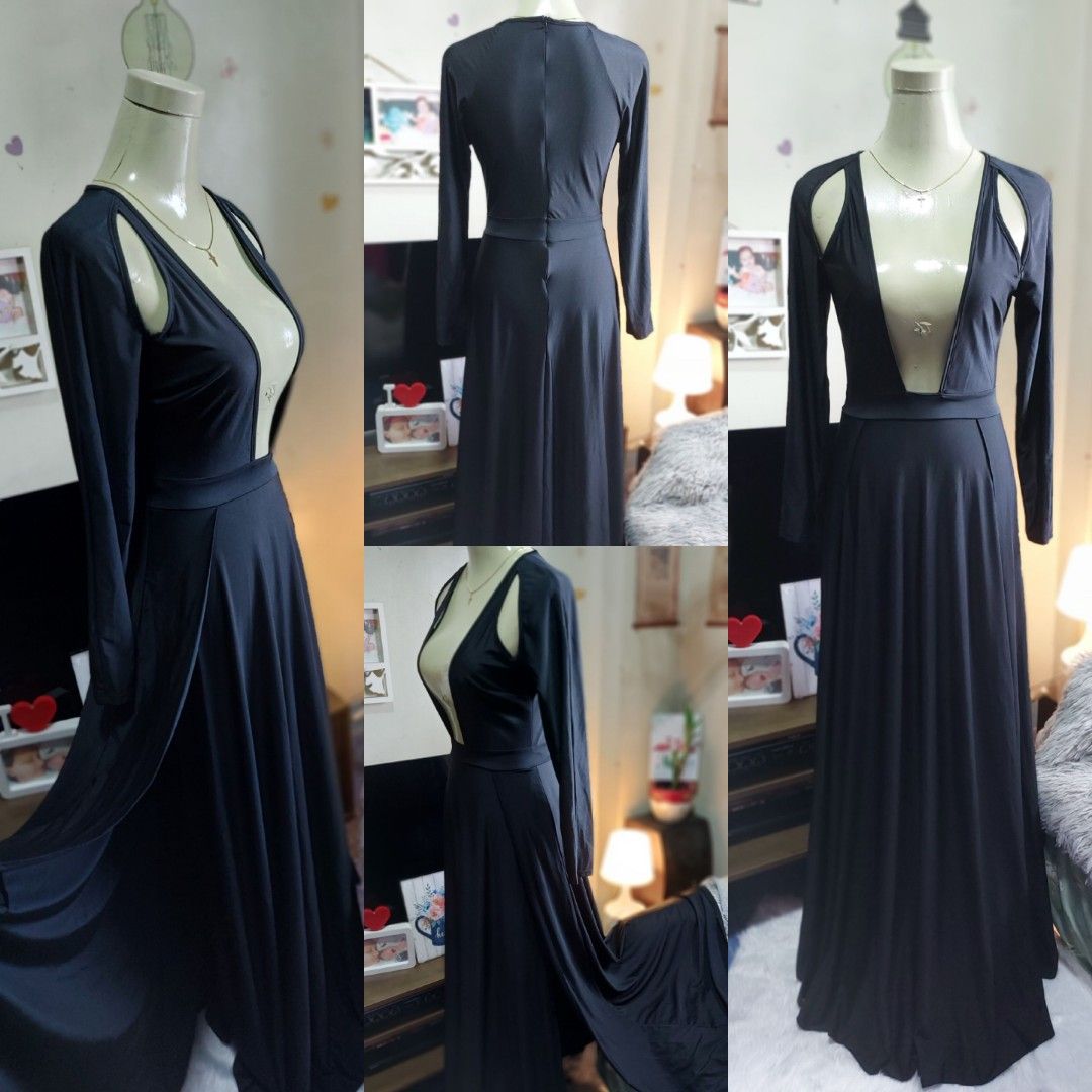 Black Plunge Extreme Split Leg Maxi Dress, Women's Fashion, Dresses ...