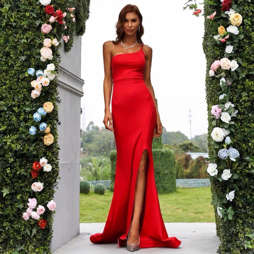 (Can customise) Illusion red toga open slit Italy satin elegant evening gown prom dress wedding ...