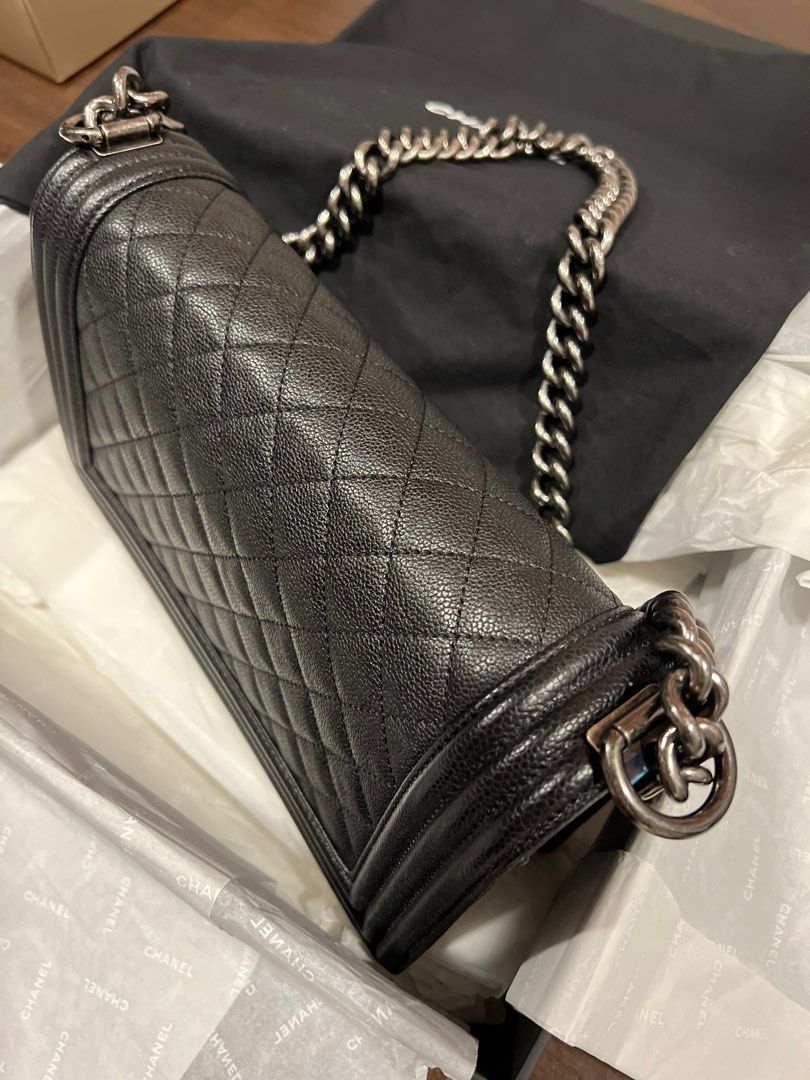Authentic Chanel Boy Bag Old Medium Caviar RHW Ruthenium Hardware Black ...