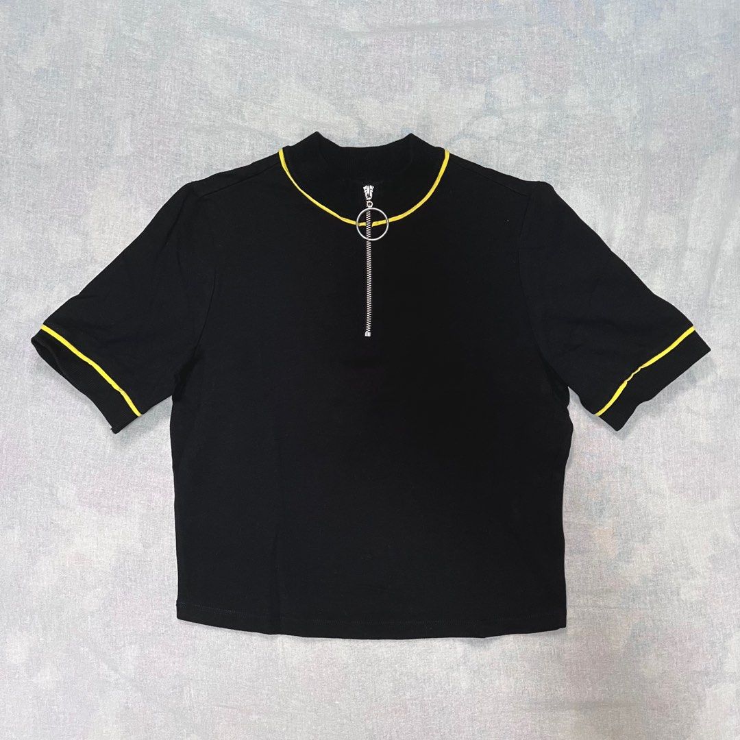 Clockhouse Half Zip Black Top with Yellow Lining, Women's Fashion, Tops ...