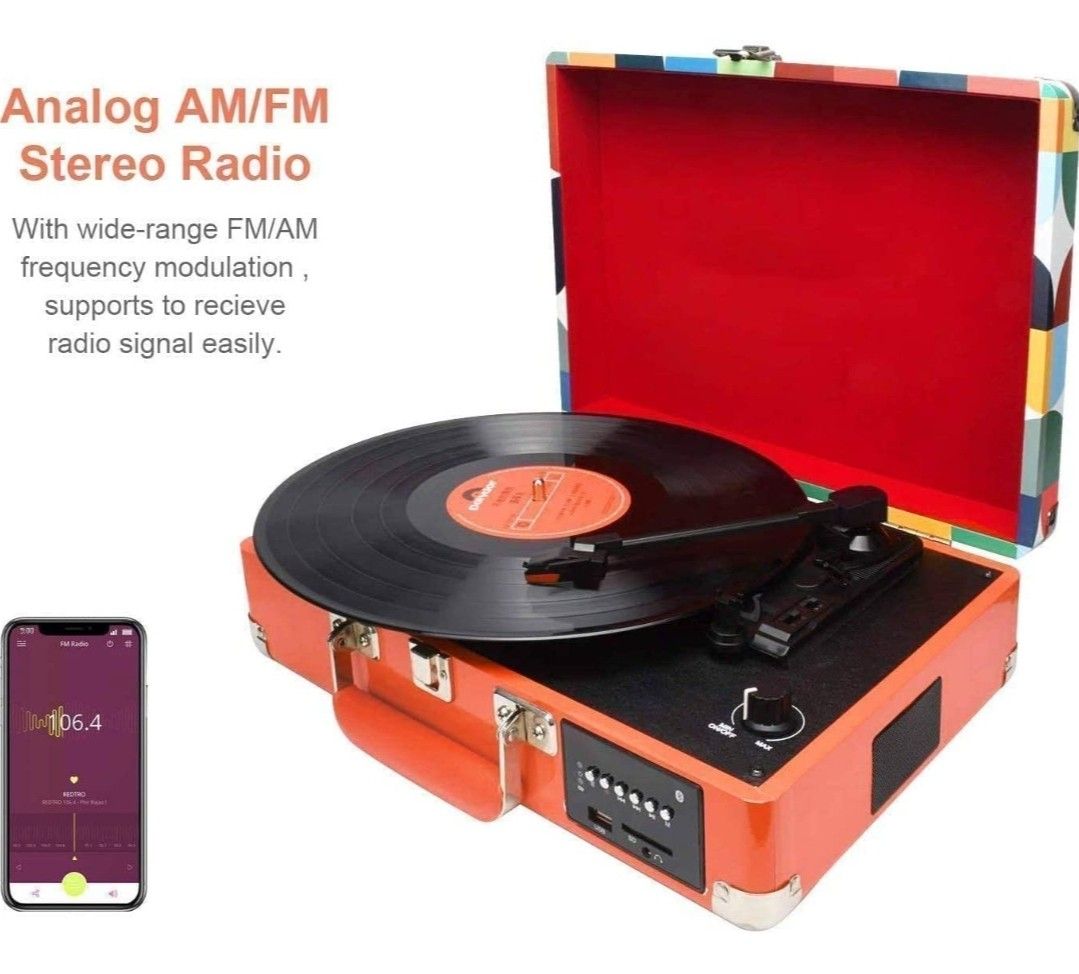 DIGITNOW Record Player, Turntable Suitcase with Multi-Function Bluetooth/FM Radio/USB and SD ...