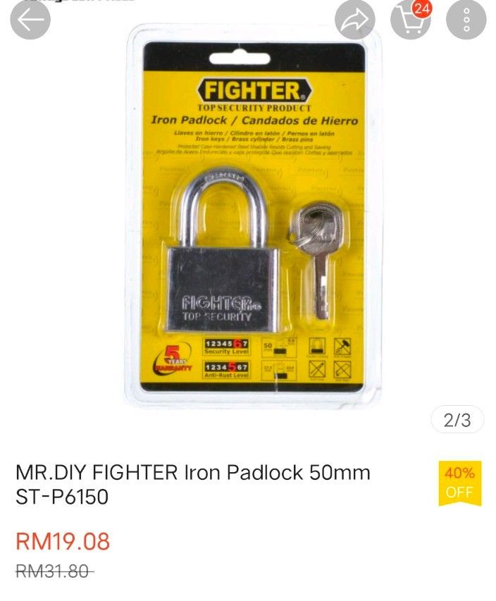 FIGHTER PADLOCK 50mm, Furniture & Home Living, Security & Locks, Locks ...