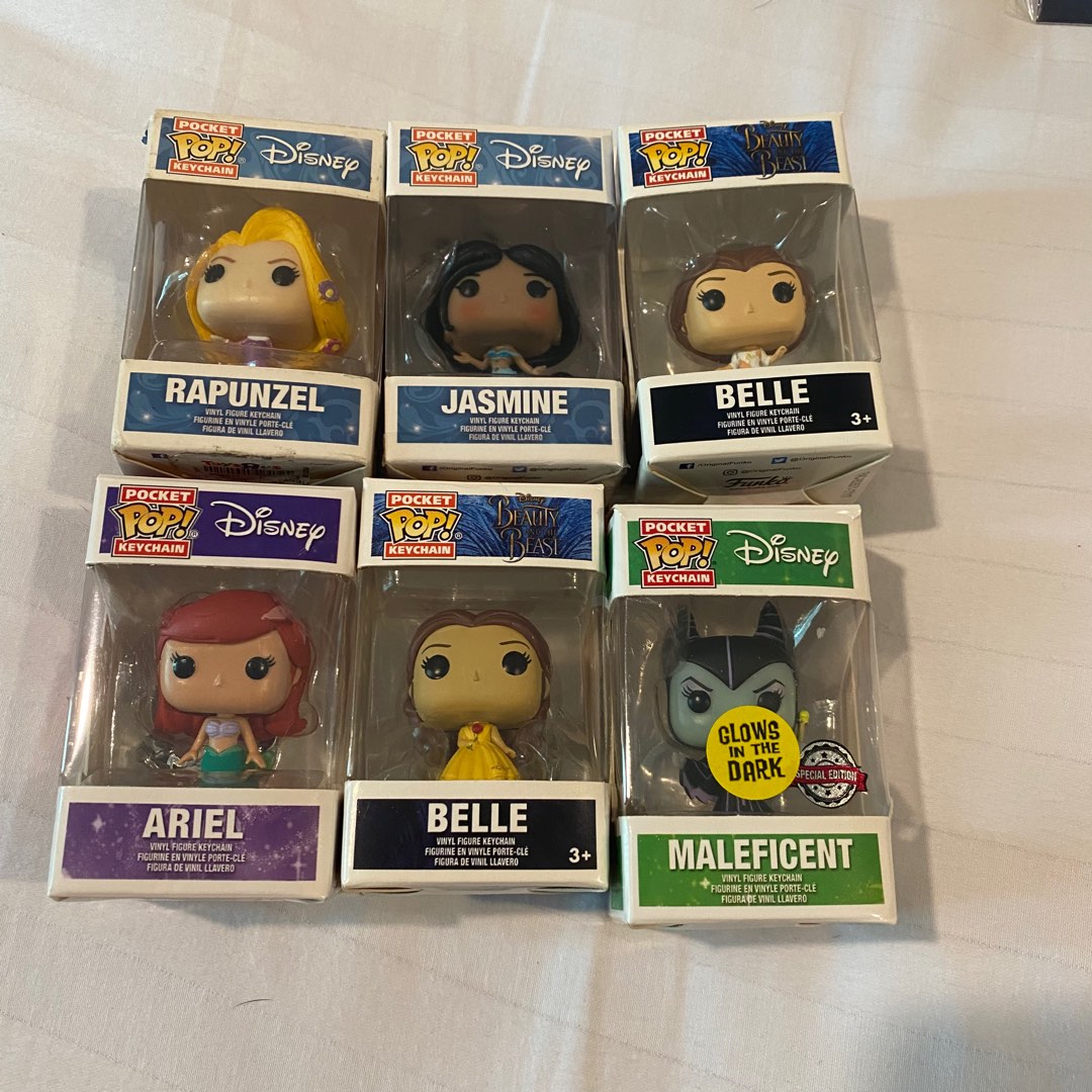 Funko Keychains Set (Rapunzel, Jasmine, Belle, Ariel, Maleficent ...