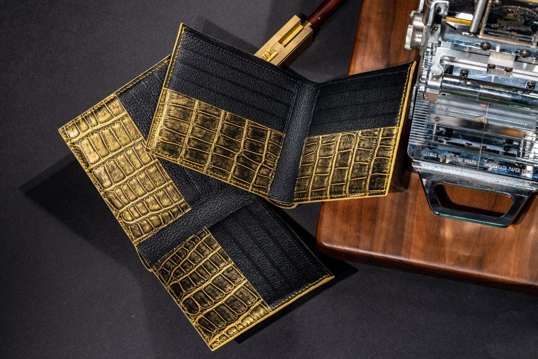 Handcrafted hand-stitched Bifold Wallet in Gold Brushed Alligator and ...