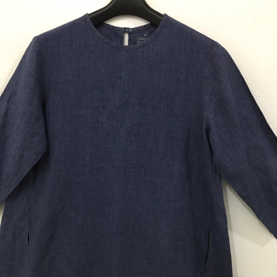 Muji 100% Linen A Line Wide Faded Blue Dress, Women's Fashion, Dresses & Sets, Dresses on Carousell