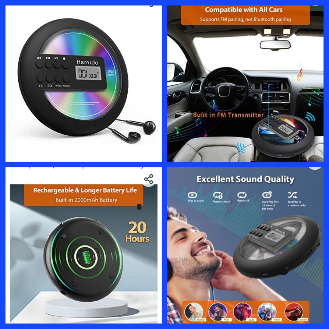 Rechargeable Portable Car CD Player, Hernido Discman CD Player with FM ...
