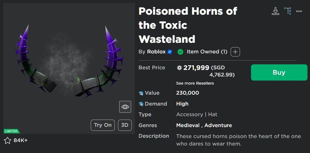 Roblox Limited - Poisoned Horns of the Toxic Wasteland (Poison), Video ...
