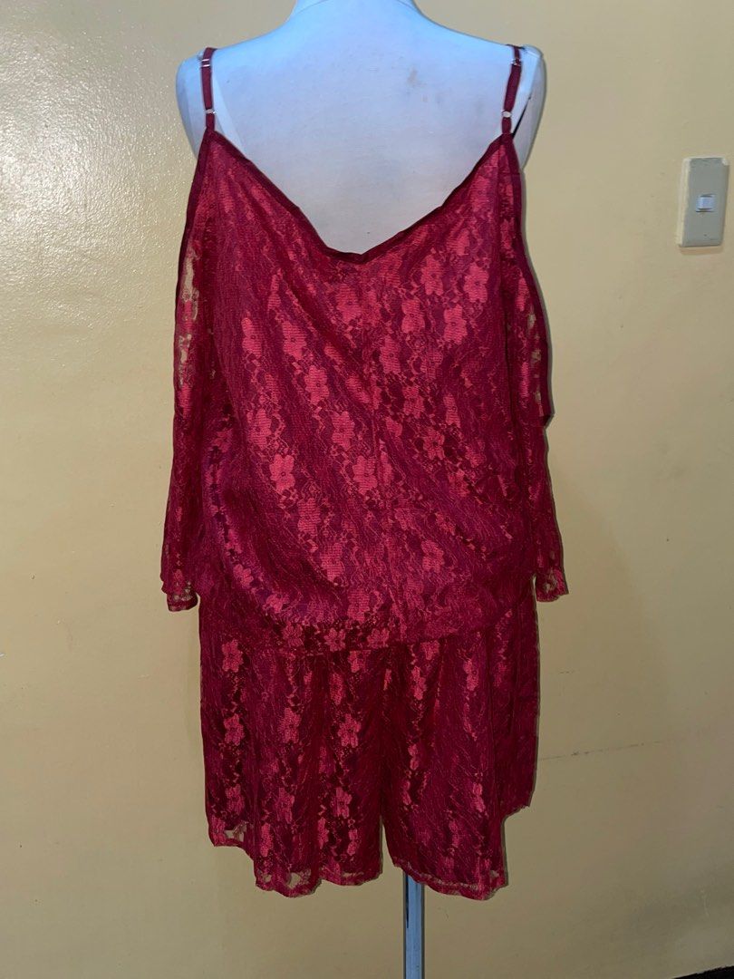 Shein curve plus size maroon red lace set coords coordinates terno ...