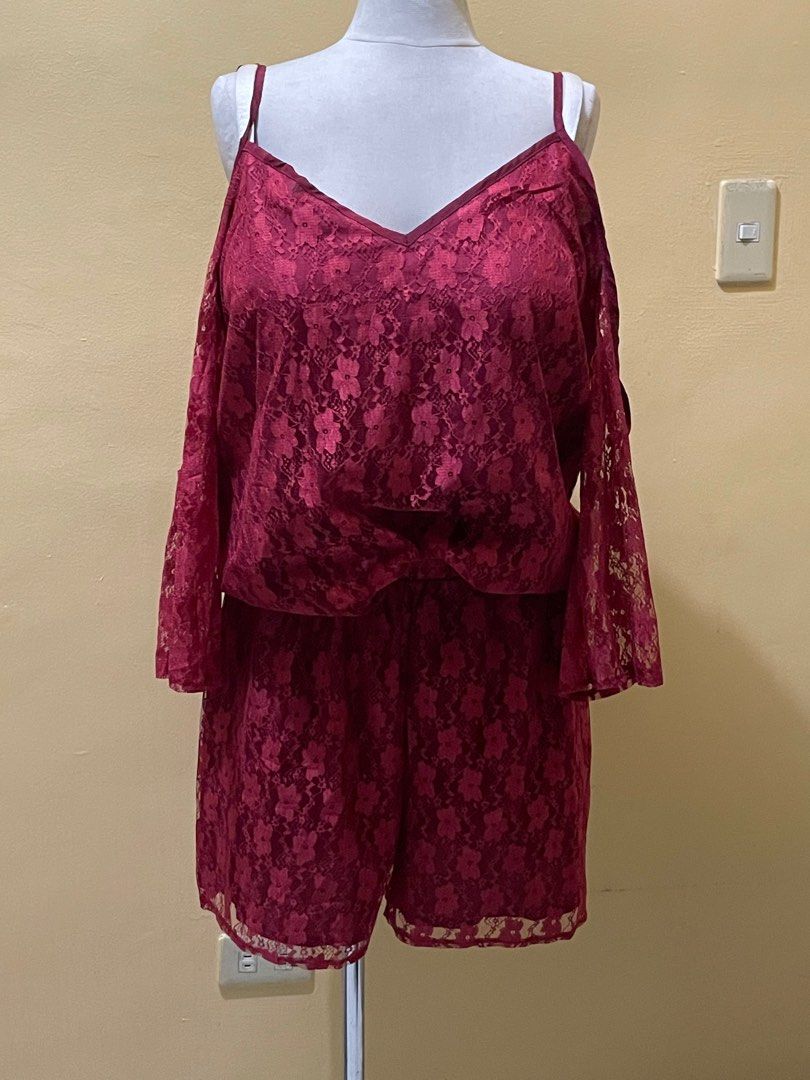 Shein curve plus size maroon red lace set coords coordinates terno ...