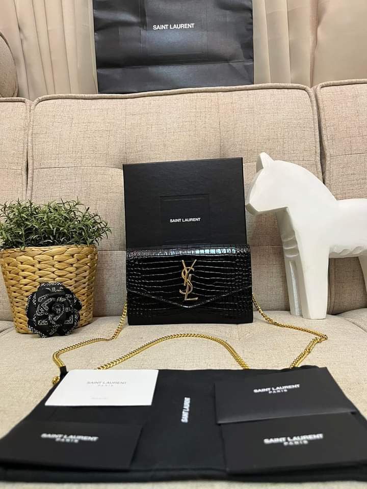 Yves Saint Laurent Cassandre Wallet on Chain in Crocodile Embossed ...