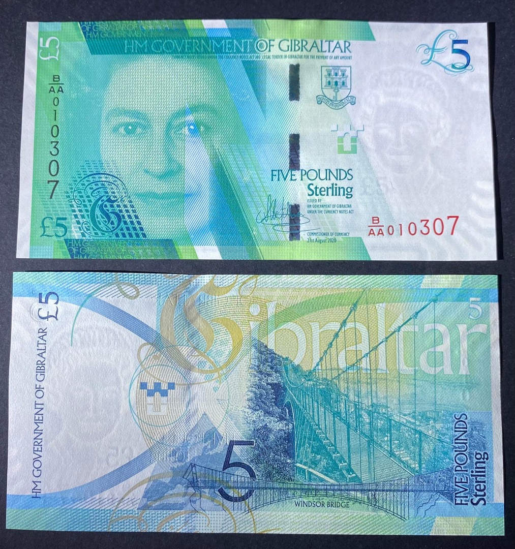 直布罗陀 Gibraltar 5 Pounds (2020/21 years) Series B AA first prefix Queen ...