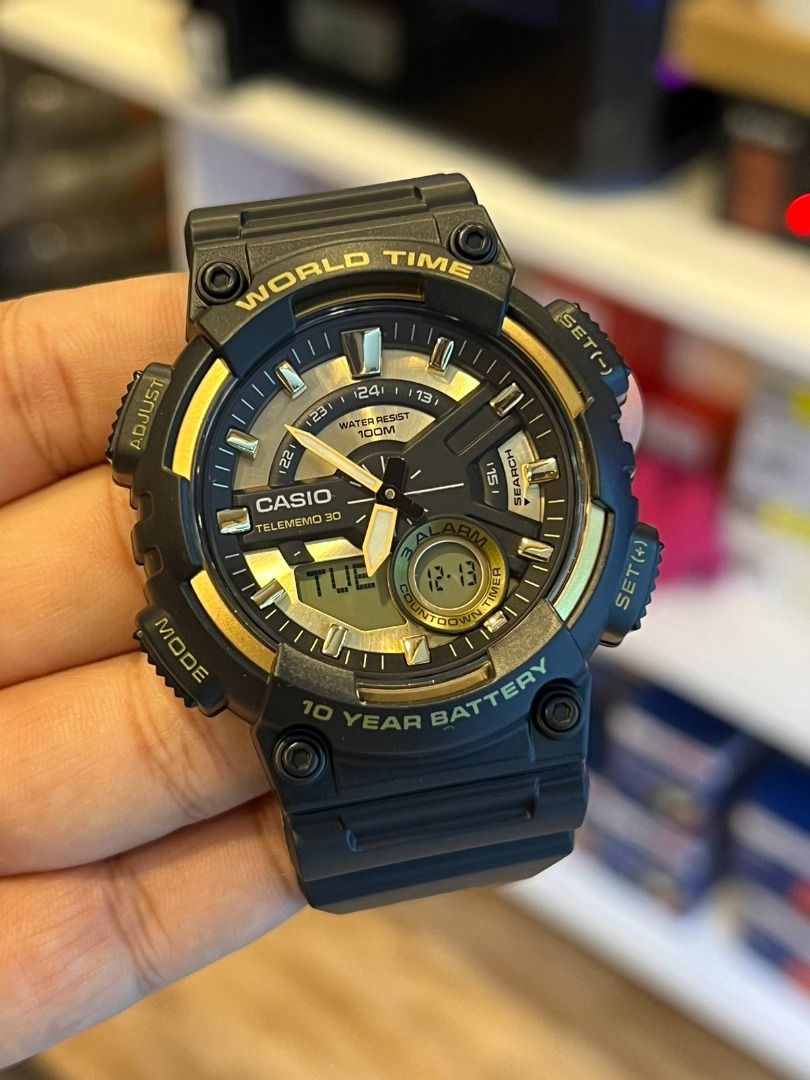 CASIO World Time Analog Digital Black Resin Band Gold Dial Men's Watch AEQ-110W-1A3, Luxury ...