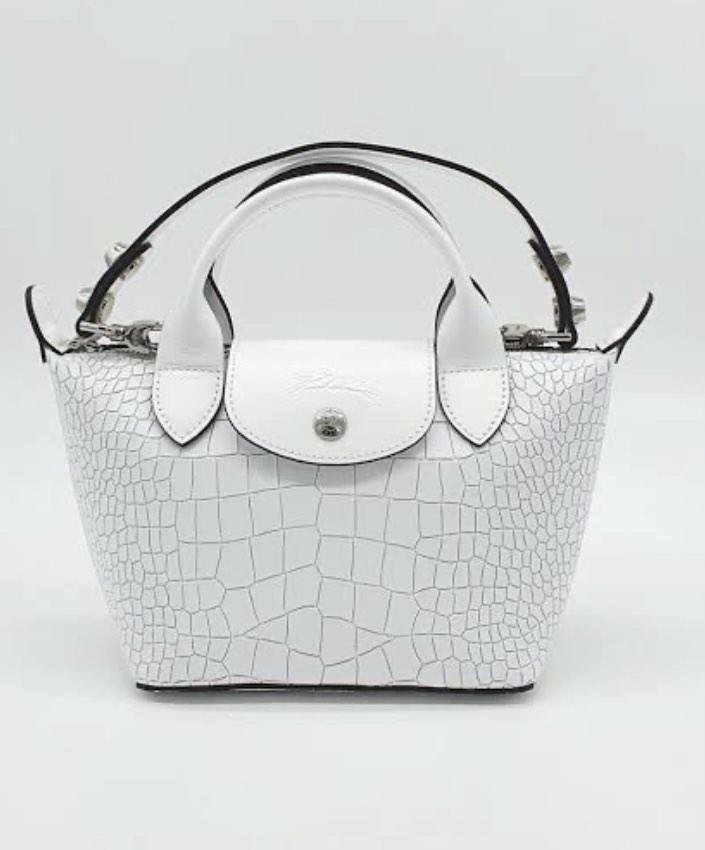 LONGCHAMP White Croc Embossed Leather Mini Le Pliage Bag with ...