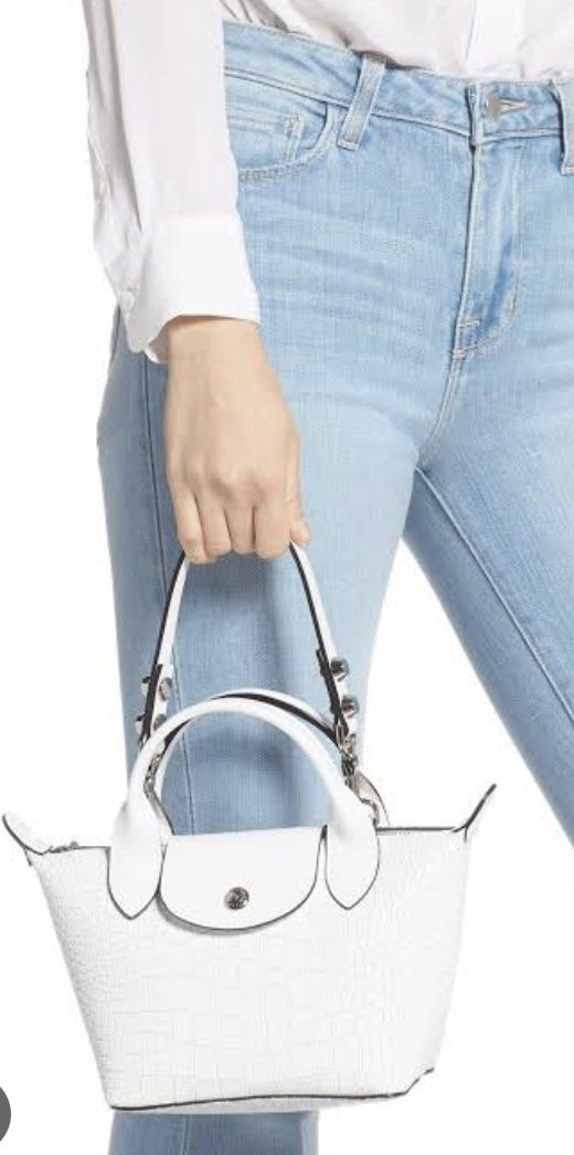 LONGCHAMP White Croc Embossed Leather Mini Le Pliage Bag with ...