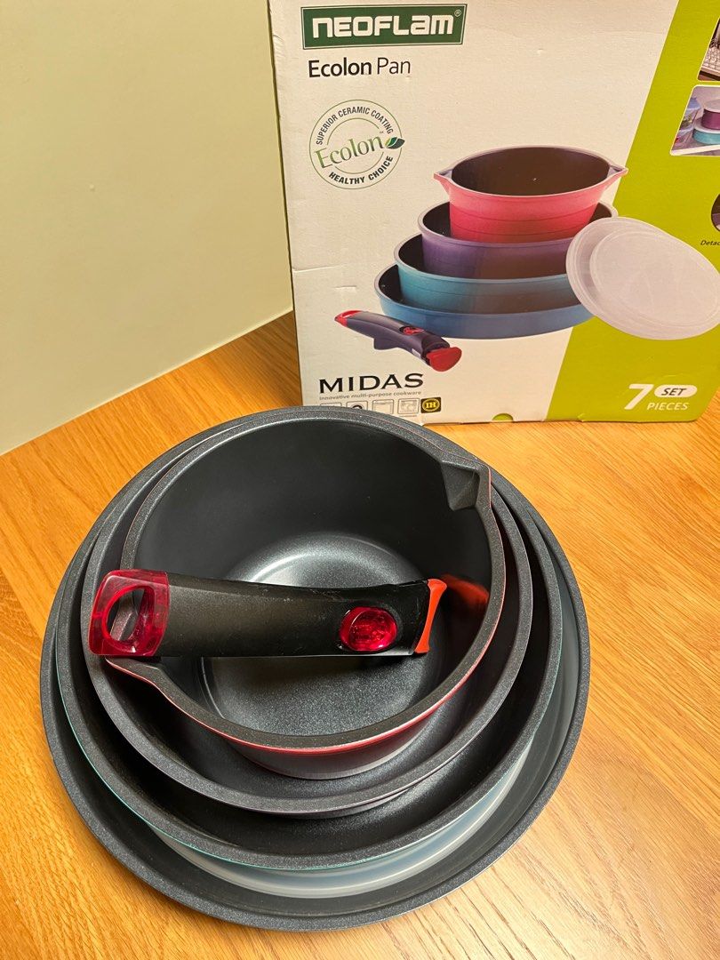Neoflam Ecolon Midas 7 piece set ceramic cookware with detachable handle, Furniture & Home ...