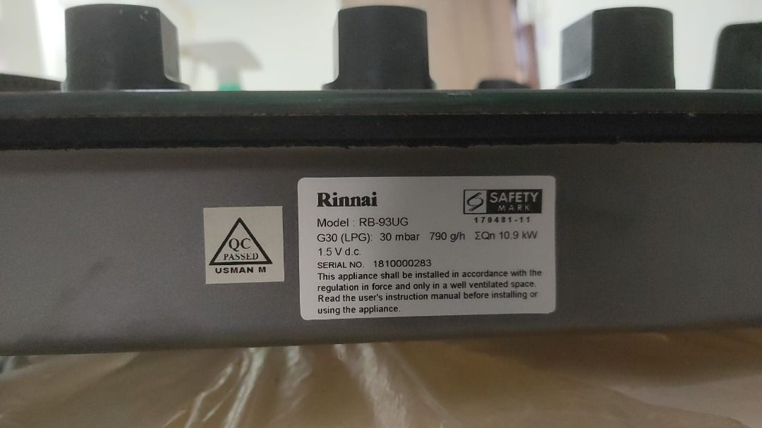 Rinnai Glass Stove Hob RB-93UG, TV & Home Appliances, Kitchen ...