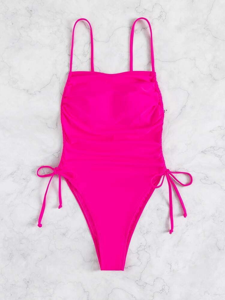 Shein Hot Pink Drawstring Side One Piece Swimsuit, Women's Fashion ...