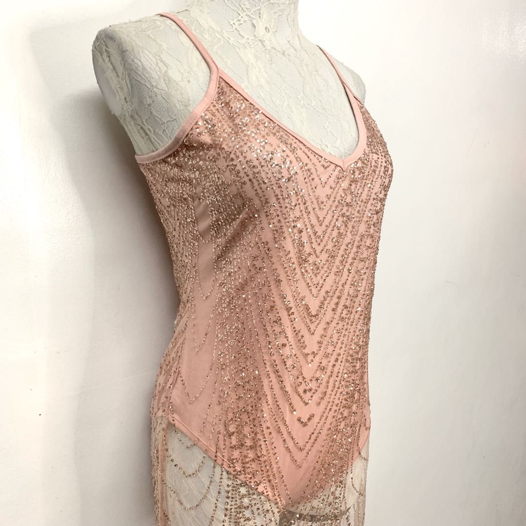 UNBRANDED pastel pink glittery sparkly shimmery bodysuit see through ...