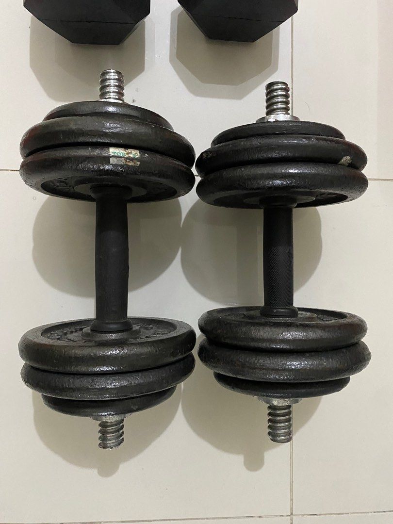 1 set of short bars with rubber grip and plates, Sports Equipment ...