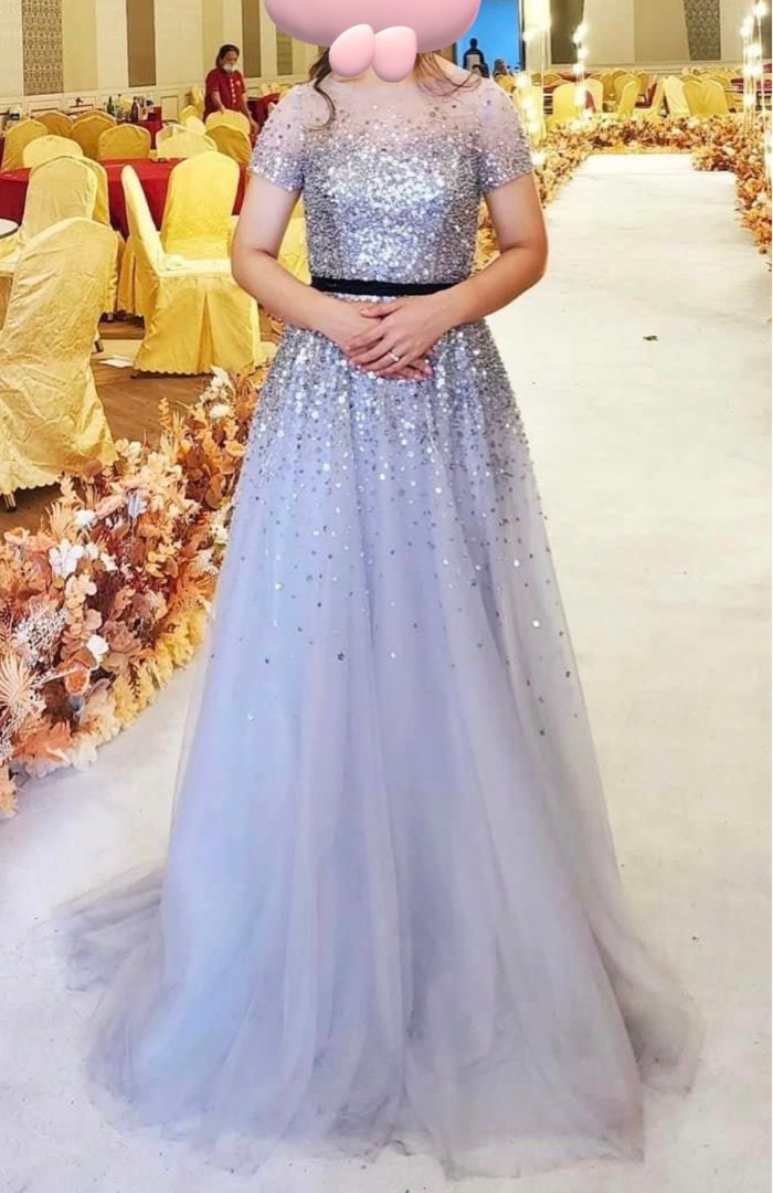 A-Line Floor-Length Tulle Lace Evening Dress With Sequins, Women's Fashion, Dresses & Sets ...