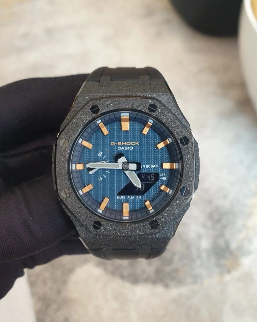 Casioak GA-2100 Blue Cheker Face with rose Gold index in Black Frosted ...