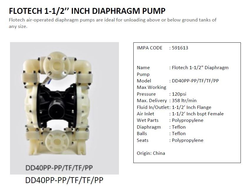 FLOTECH PNEUMATIC DIAPHRAGM PUMP (PTFE/TEFLON) 1/2" TO 2", Furniture & Home Living, Home ...