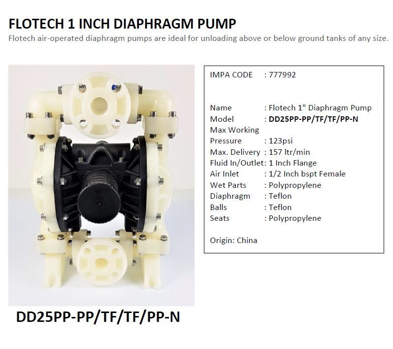 FLOTECH PNEUMATIC DIAPHRAGM PUMP (PTFE/TEFLON) 1/2" TO 2", Furniture ...