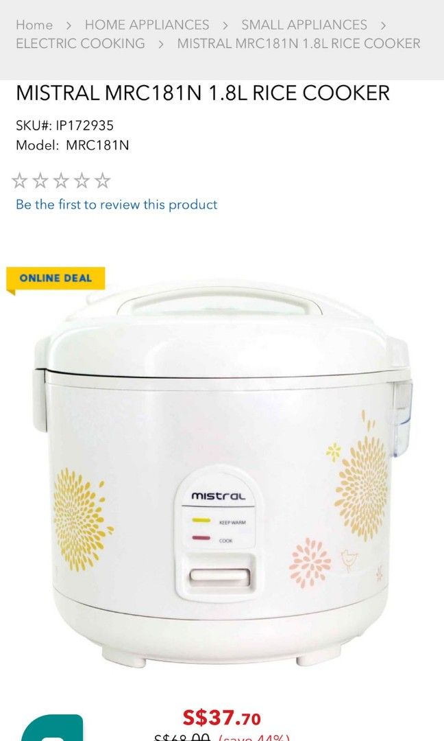 MISTRAL MRC181N 1.8L RICE COOKER Display Set, TV & Home Appliances ...