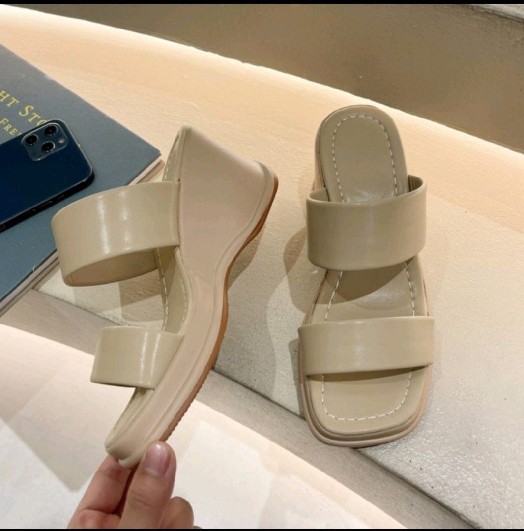 Wedge sandal / slipper double strap thick soles 7cm, Women's Fashion ...