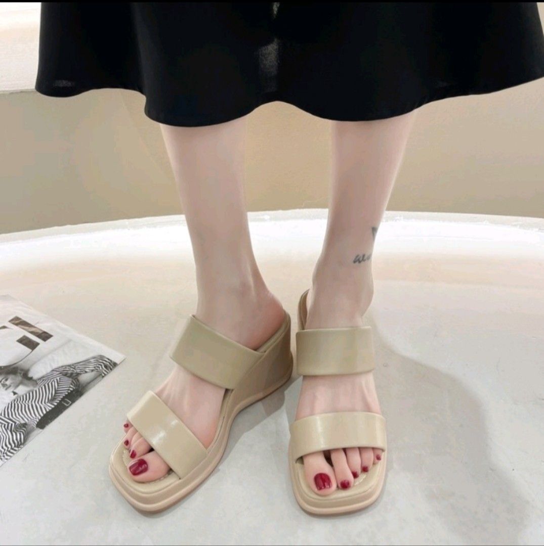 Wedge sandal / slipper double strap thick soles 7cm, Women's Fashion ...