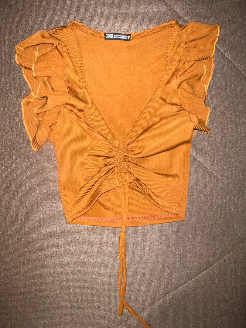ZARA Ruched Ruffle Top, Women's Fashion, Tops, Blouses on Carousell