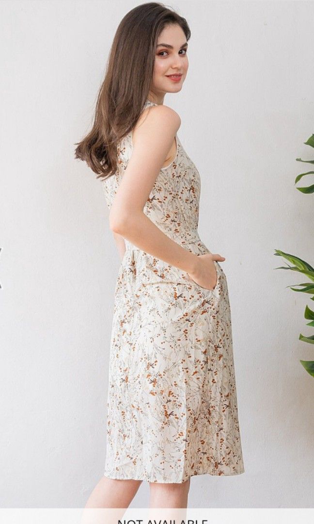 Cream Wheat Square Neck Sash Midi Dress, Women's Fashion, Dresses ...