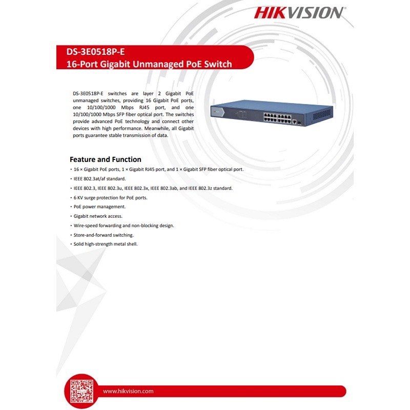 Hikvision 16 Port Full Gigabit PoE Switch [DS-3E0518P-E 16 Ports ...