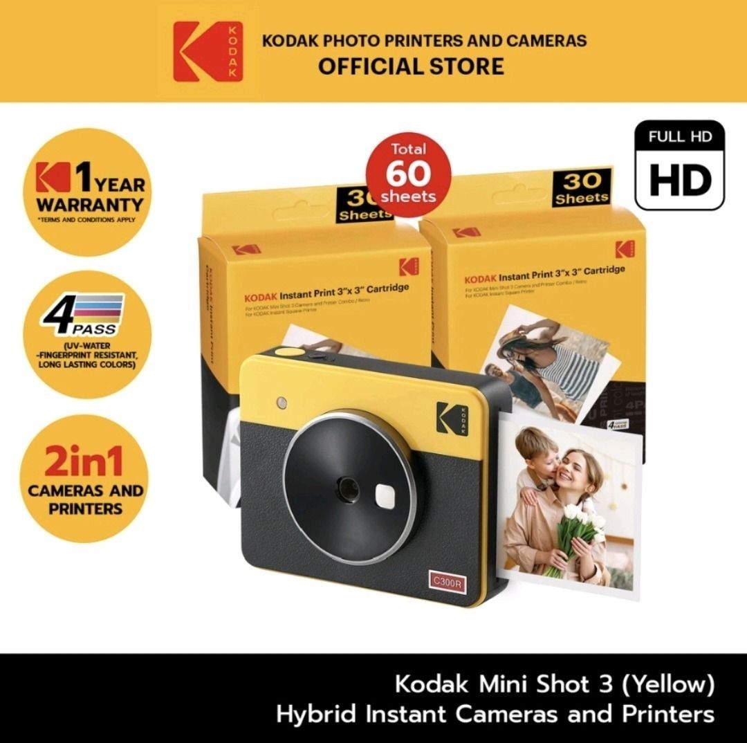 Kodak Mini Shot 3 Instant Camera and Printer (3x3 Inches) with 60 sheets, Photography, Cameras ...
