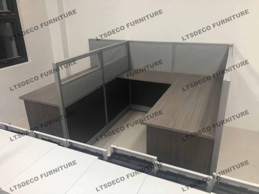L-SHAPE WORKSTATION TABLE FABRIC W/ GLASS OFFICE PARTITIONS, Furniture ...