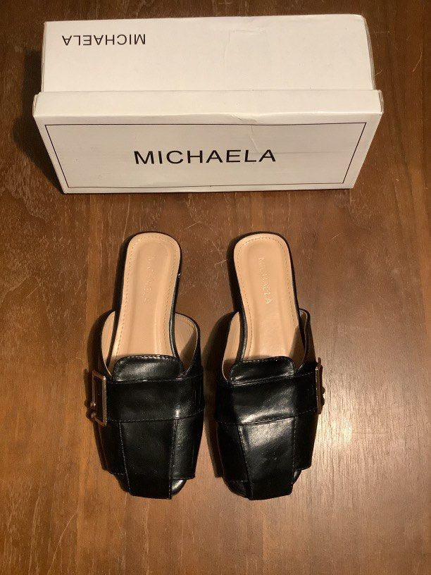 Michaela Black Flats Sandals Slippers Slides, Women's Fashion, Footwear ...