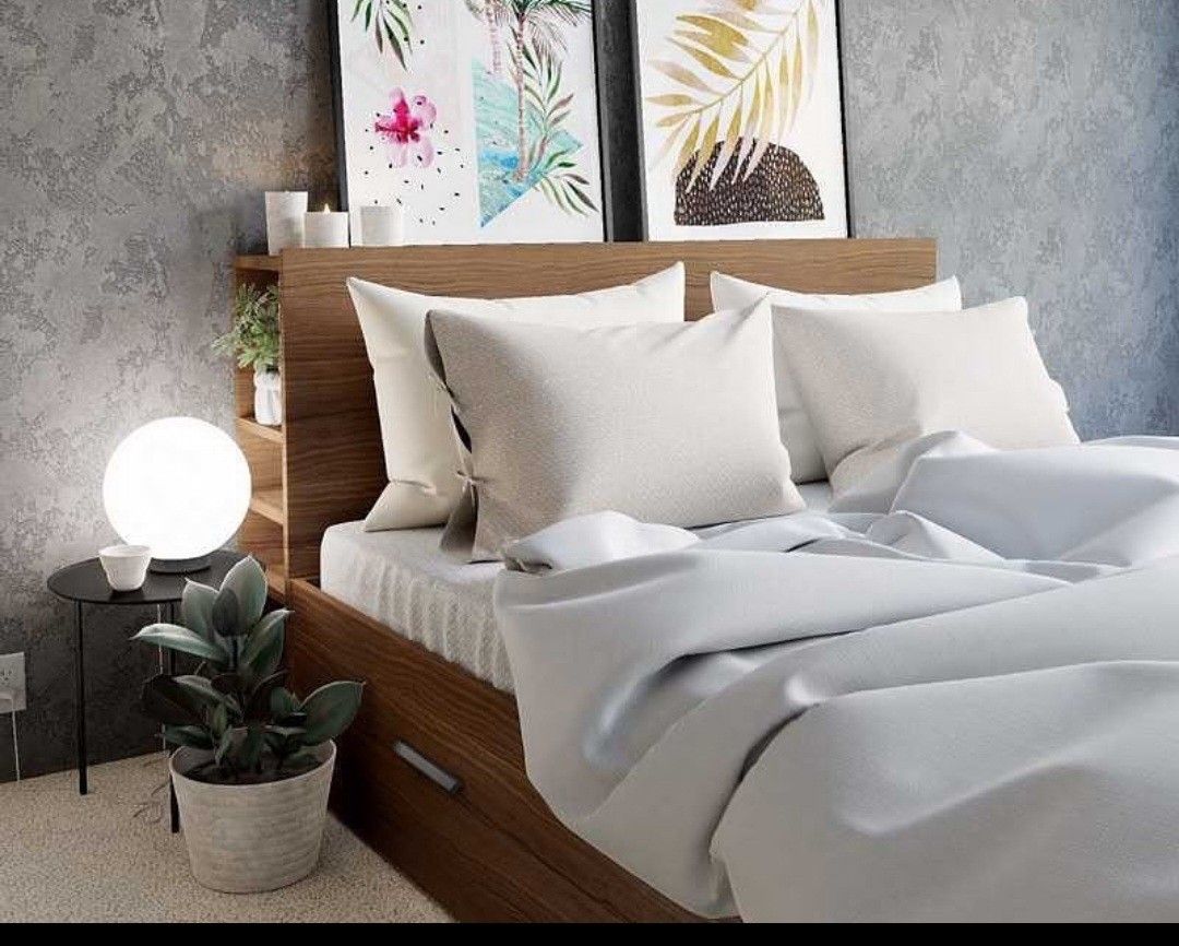 Solid wooden custom-made bed frame with drawers underneath and shelving ...