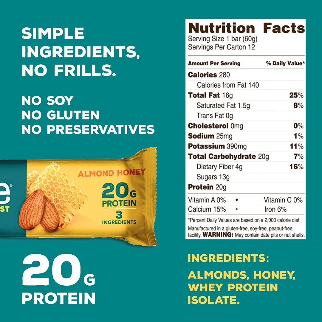 100% whey isolate protein bars: almond honey (box of 12), Health ...