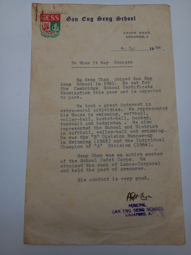1964 Gan eng seng principal letter, Hobbies & Toys, Memorabilia ...