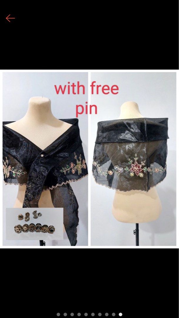 Filipiniana Alampay Black with handmade flower brooch, Women's Fashion ...