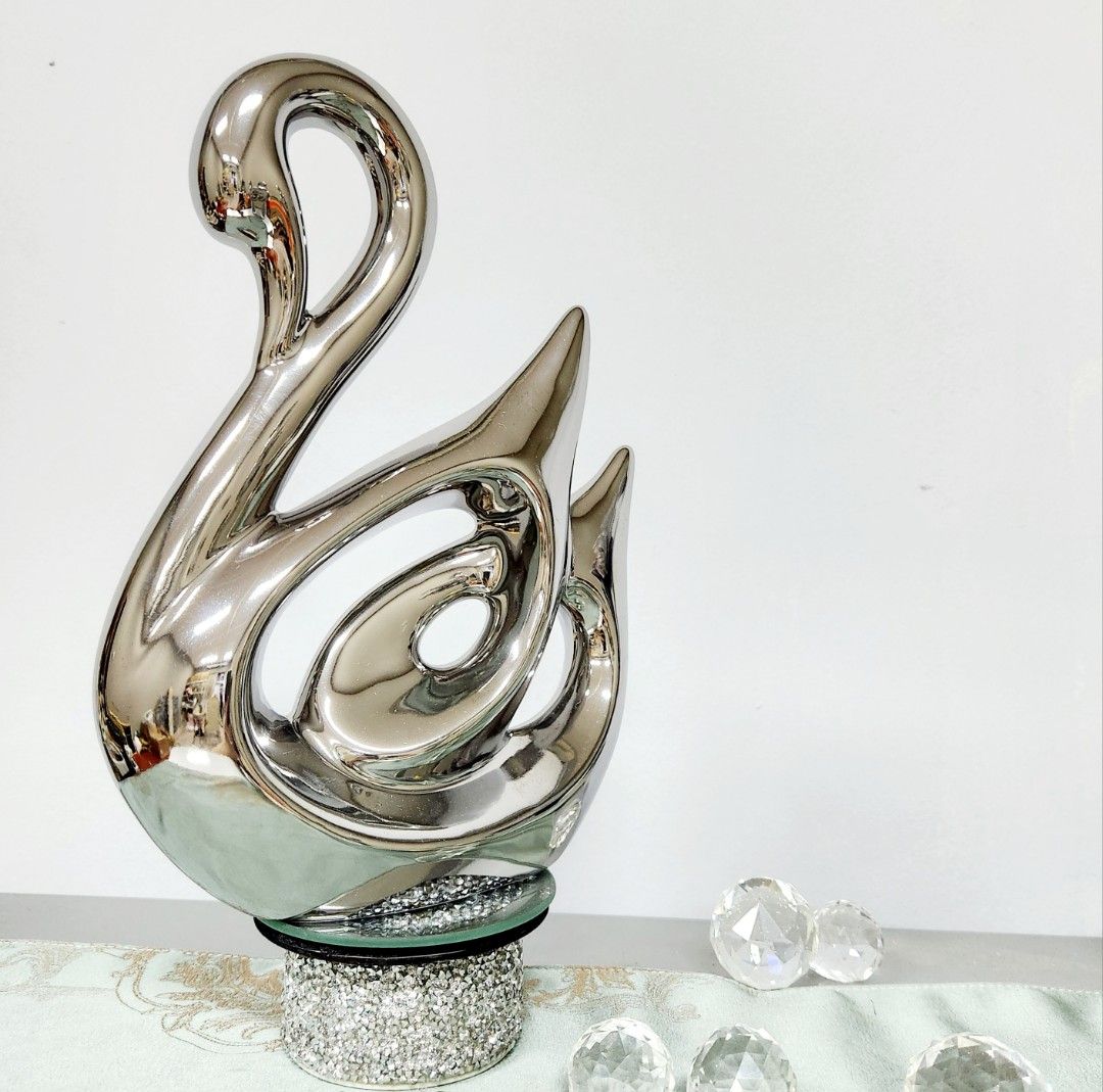 ICONIC LOVE SWANS By TFS Heavy Silver Chrome Metal Statues Ornaments ...