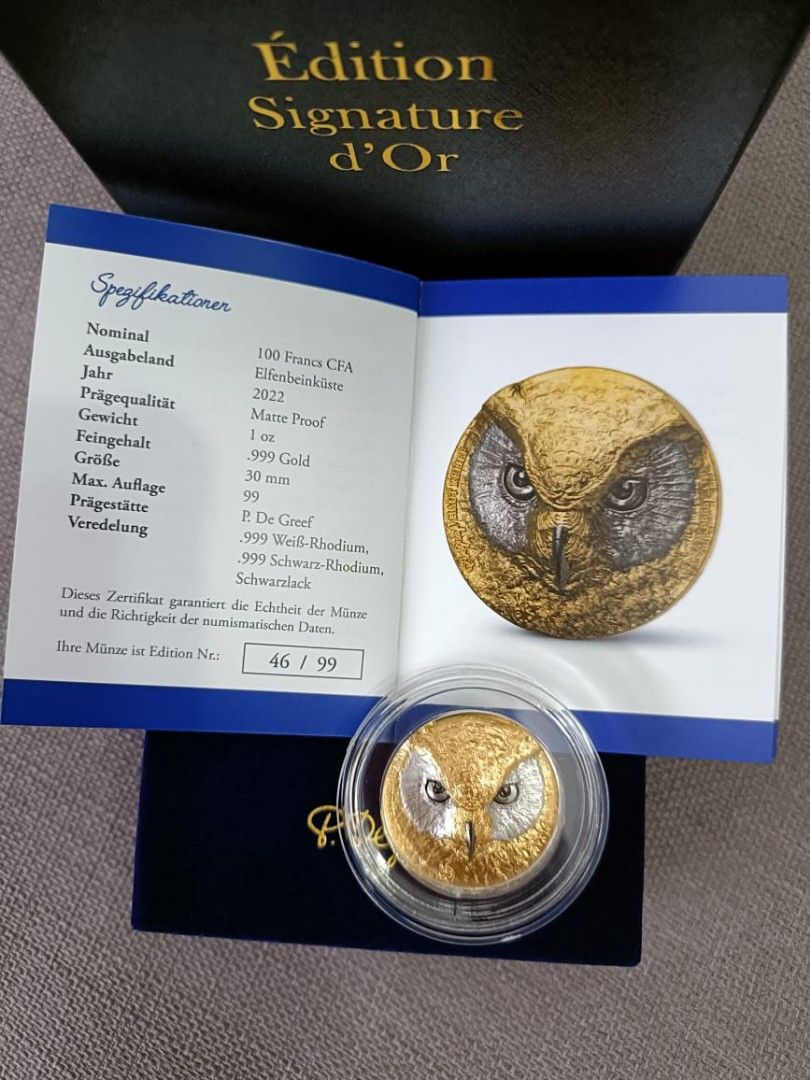 OWL EDITION SIGNATURE 1 OZ GOLD 100 FRANCS IVORY COAST 2022, Hobbies ...