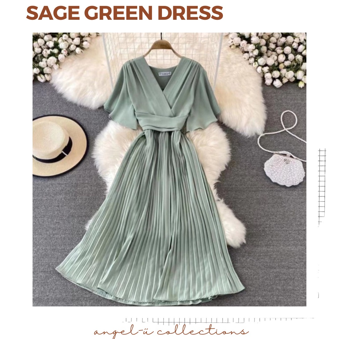 Sage Green Pleated Sunday Dress with Belt, Women's Fashion, Dresses ...