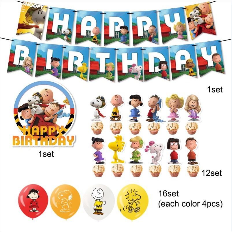 Snoopy Theme Happy Birthday Party Decorations Set Cake Topper Latex ...