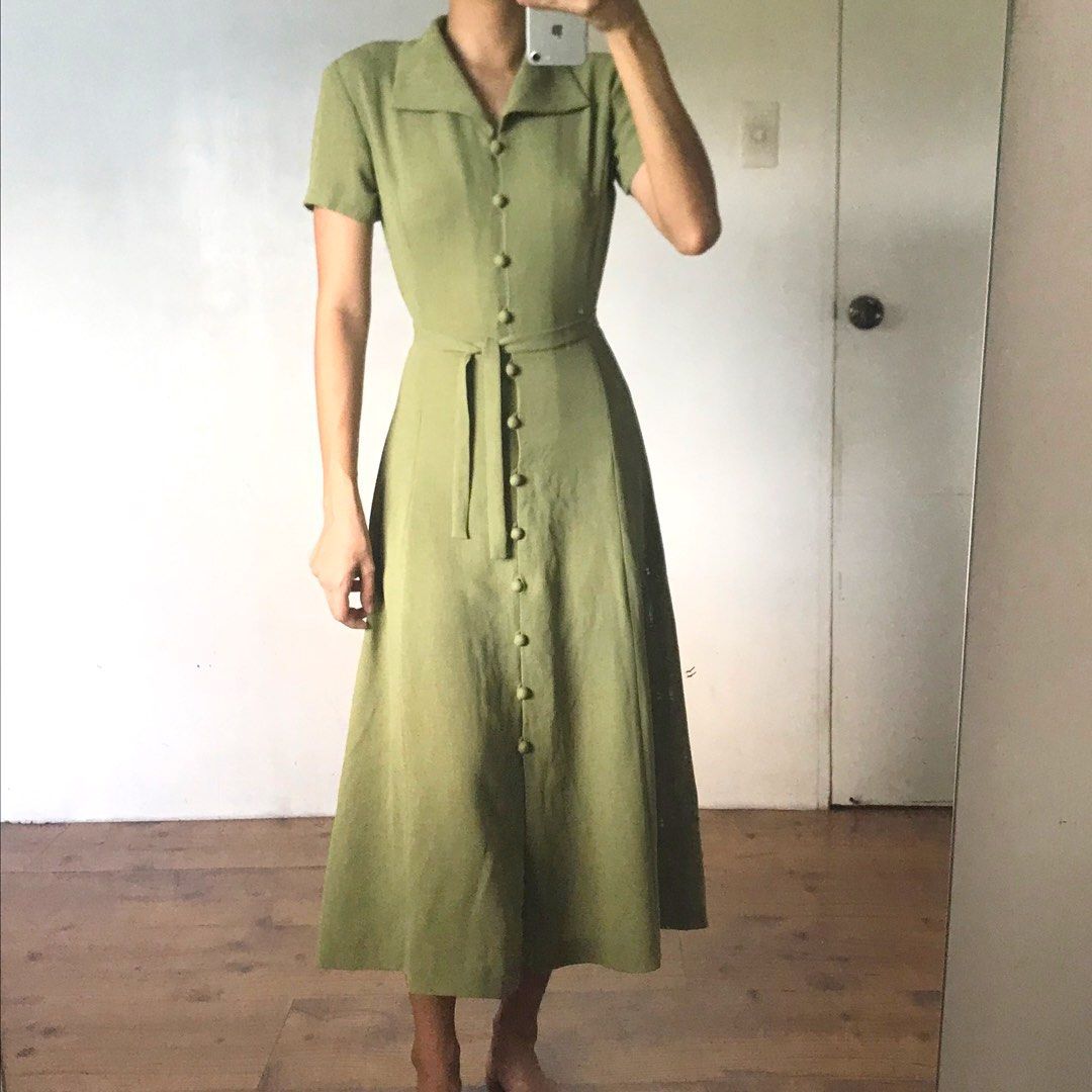 Vintage Green Button Down Fabric Buttons Collared Self Tie Long Maxi ...